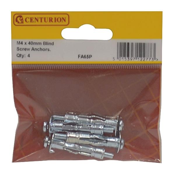 C L Jones. CENTURION BLIND SCREW ANCHORS ZINC PLATED M4 X 40MM (4 PACK)